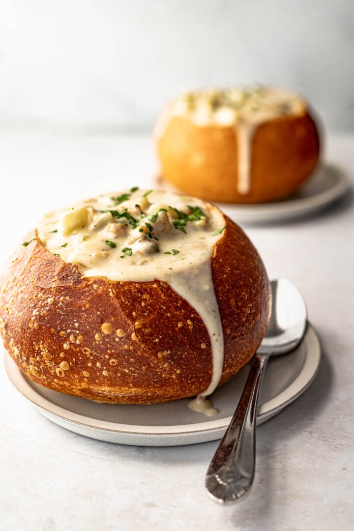 Clam Chowder in a Bread Bowl - New England Style - Crumb-Snatched