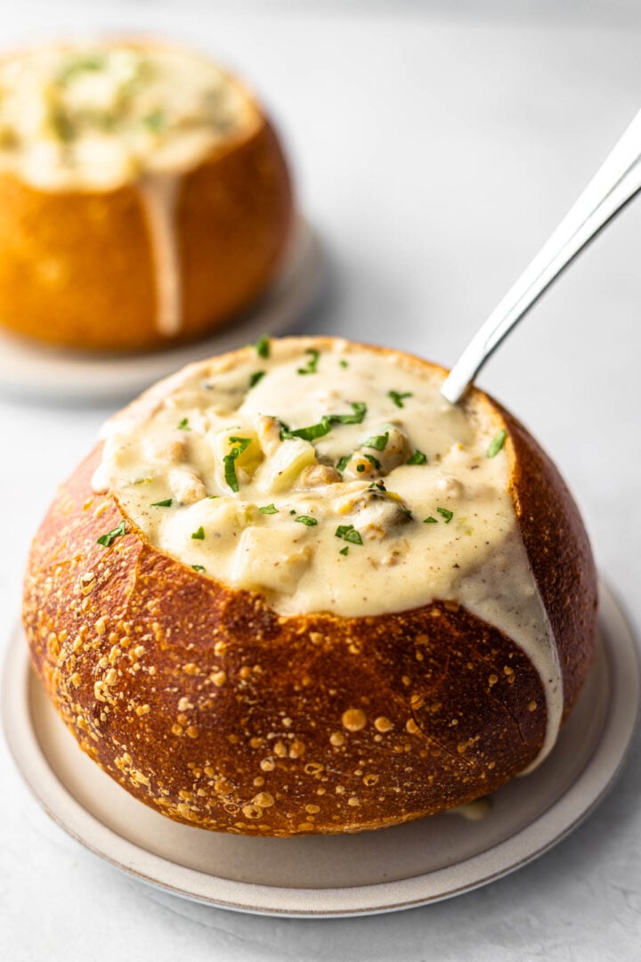 Clam Chowder in a Bread Bowl - New England Style - Crumb-Snatched