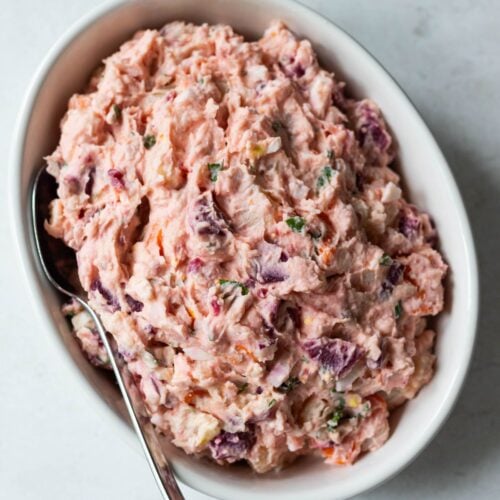 Dominican Potato Salad (Pink Potato Salad with Beets) - Crumb-Snatched