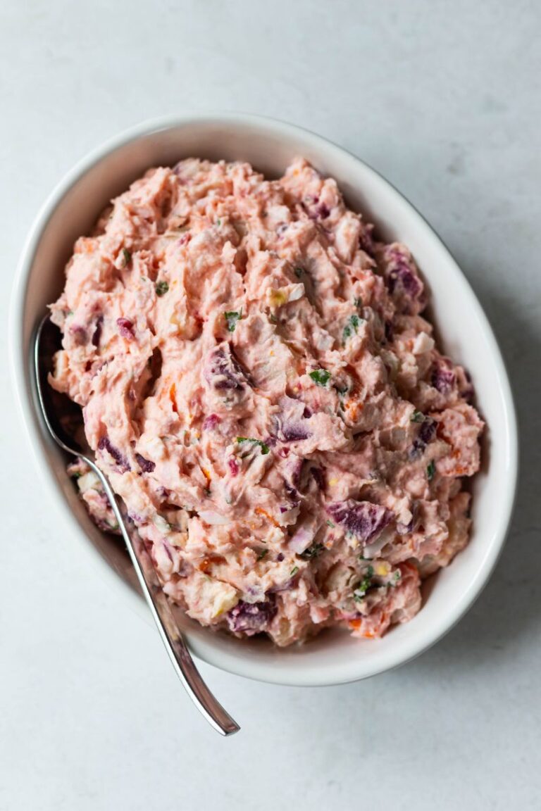 Dominican Potato Salad (Pink Potato Salad with Beets) - Crumb-Snatched